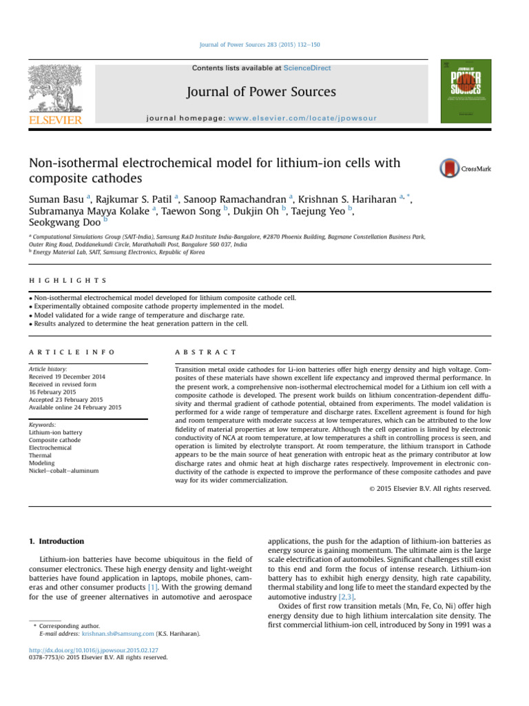 Non Isothermal Electrochemical Model For Lithium Ion Cells With Composite Cathodes Pdf