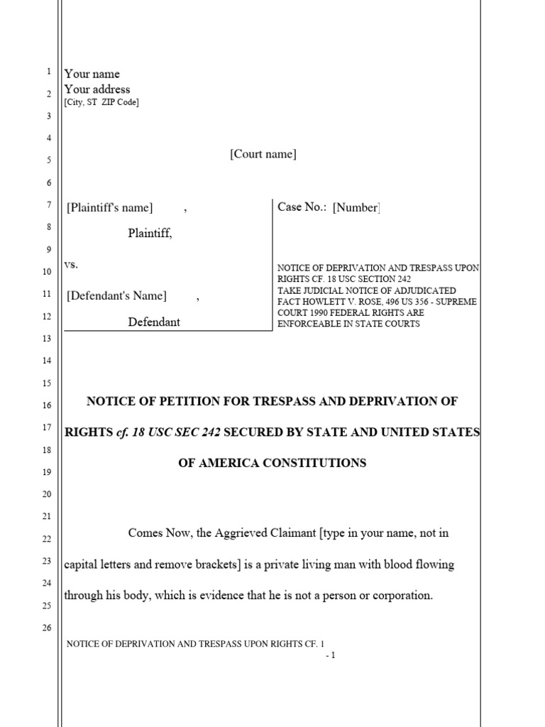 Petition For Trespass Upon Rights Cf. 18 Usc Section 242 | PDF ...