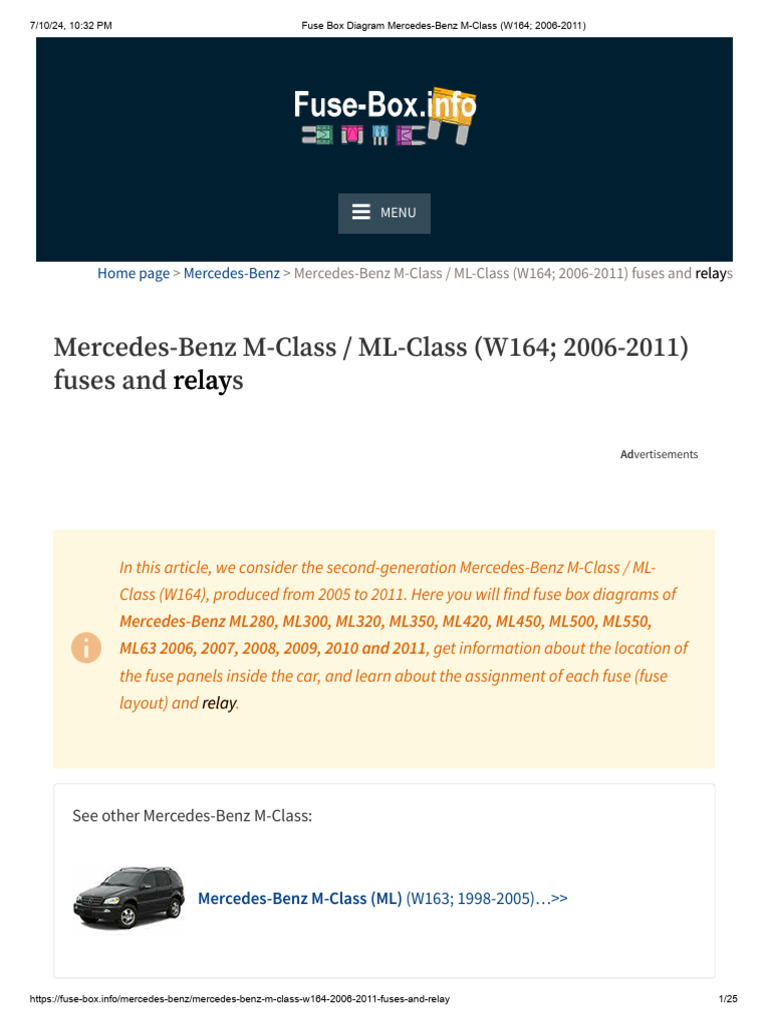 Fuse Box Diagram Mercedes-Benz M-Class (W164 2006-2011) | PDF | Trailer ...