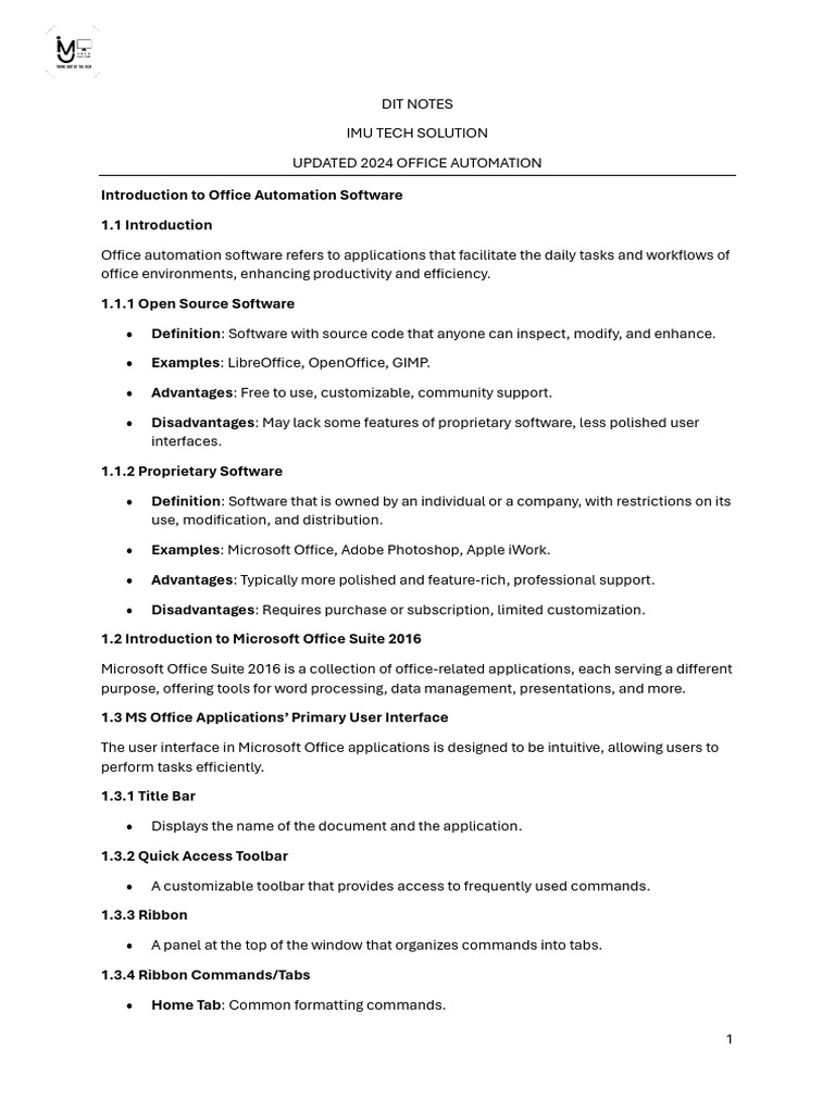 02 - Office Automation Notes 2024 | PDF | Microsoft Word | Microsoft Office