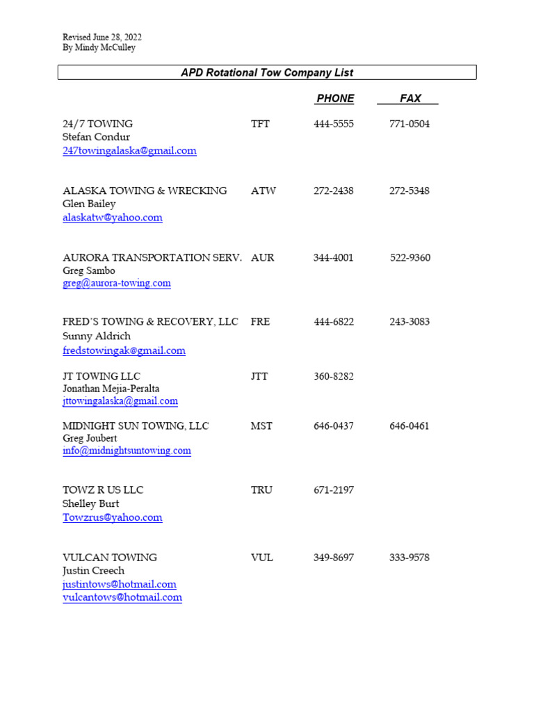 APD Rotational Tow Company List | PDF