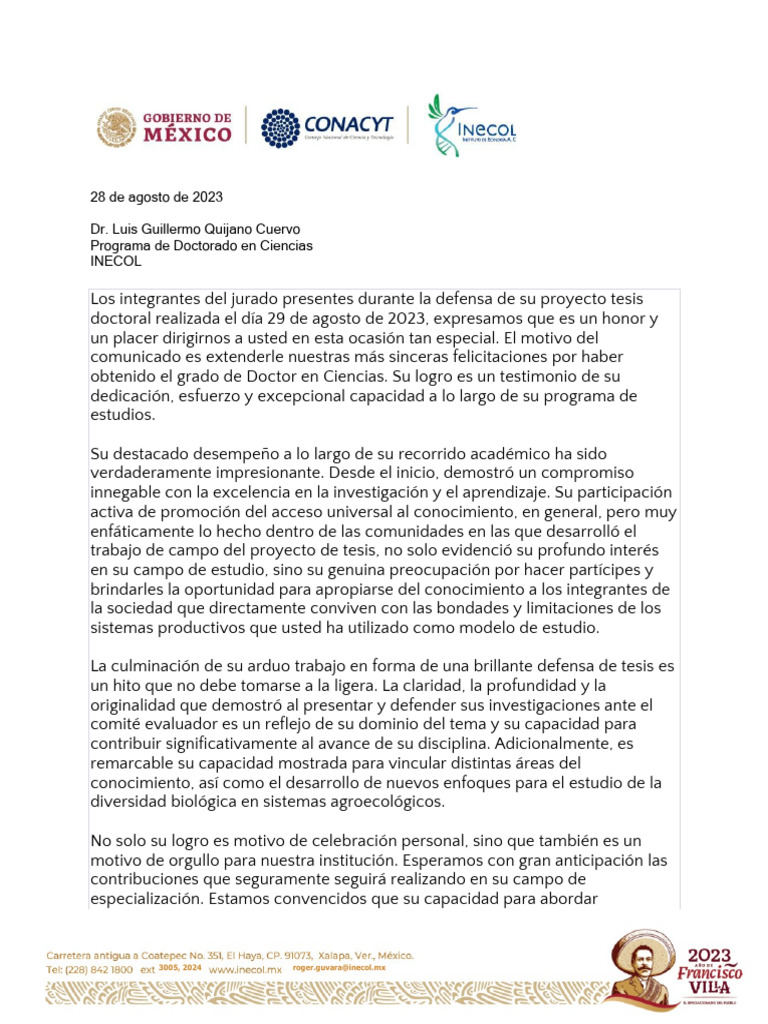 Carta Luis Guillermo Quijano Cuervo | PDF | Doctorado | Conocimiento