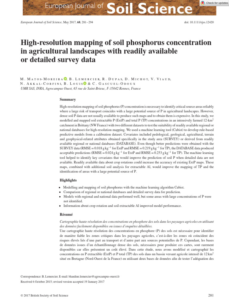 European J Soil Science - 2017 - Matos Moreira - High Resolution Mapping of Soil Phosphorus ...