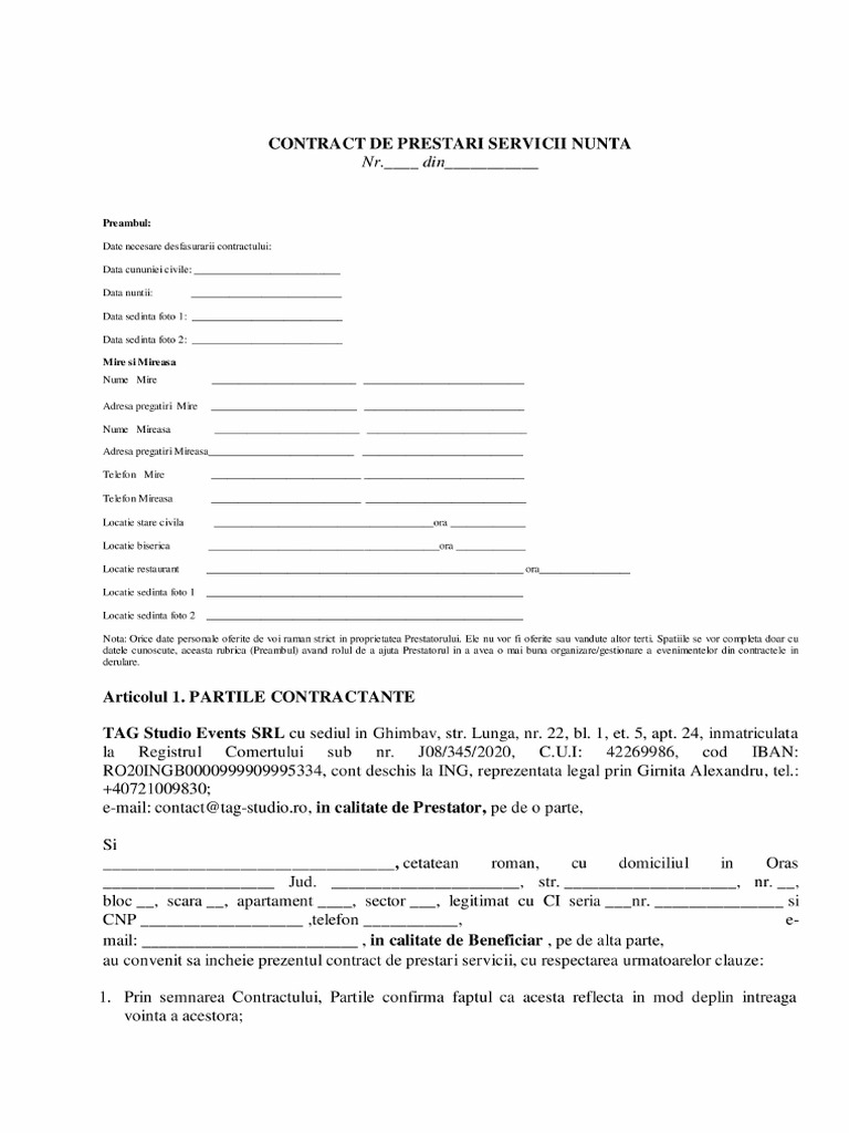 Contract Prestari Servicii Foto Video Nunta 2021 Krffmiry | PDF