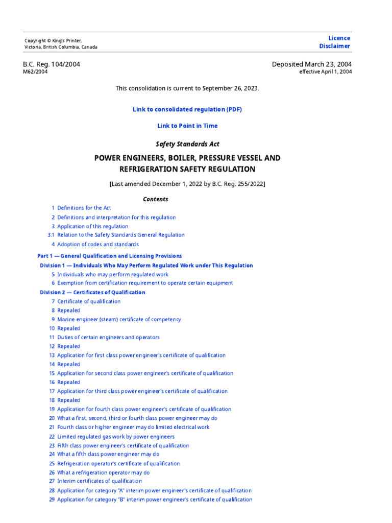 Power Engineers, Boiler, Pressure Vessel and Refrigeration Safety Regulation | PDF | Boiler | Steam