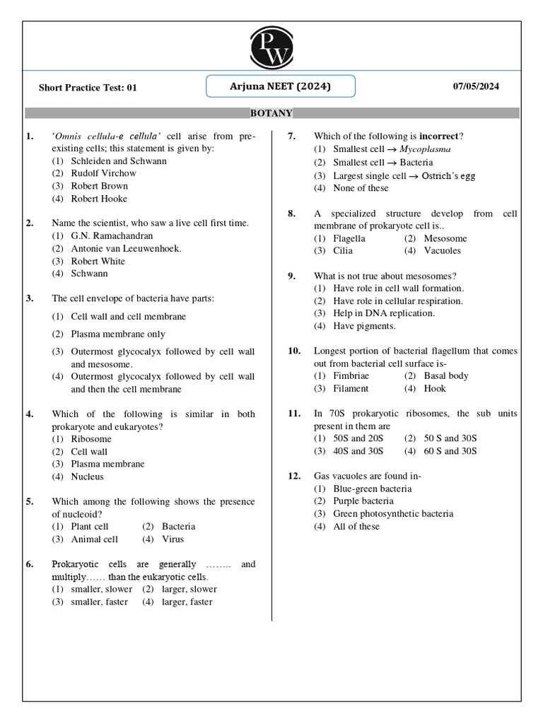 Short Practice Test 01 Botany Test Paper Arjuna NEET 2024 | PDF | Cell ...