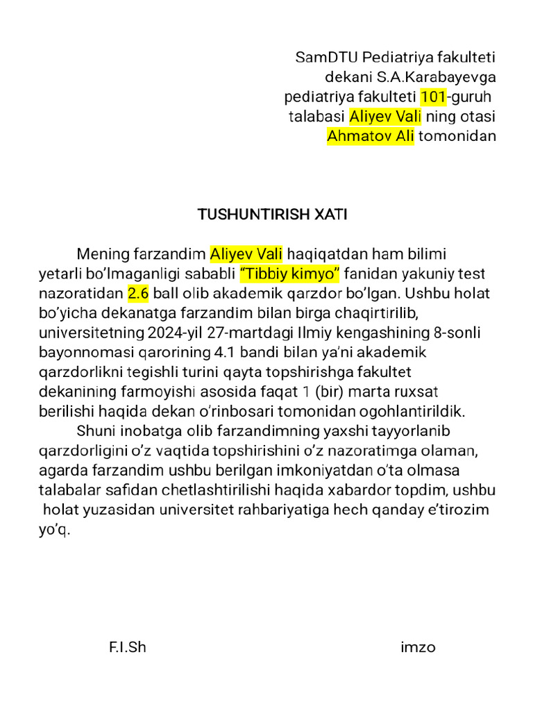 Tushuntirish Xati (Ota Ona) | PDF