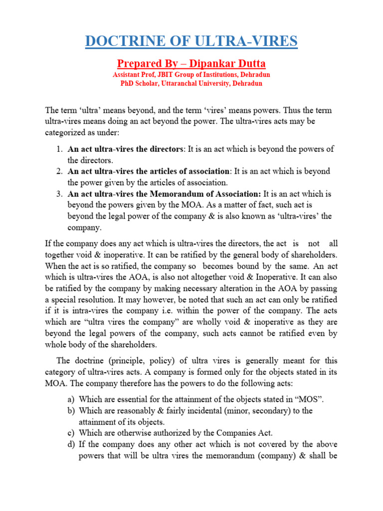 Doctrine of Ultra Virus | PDF | Dividend | Legal Liability