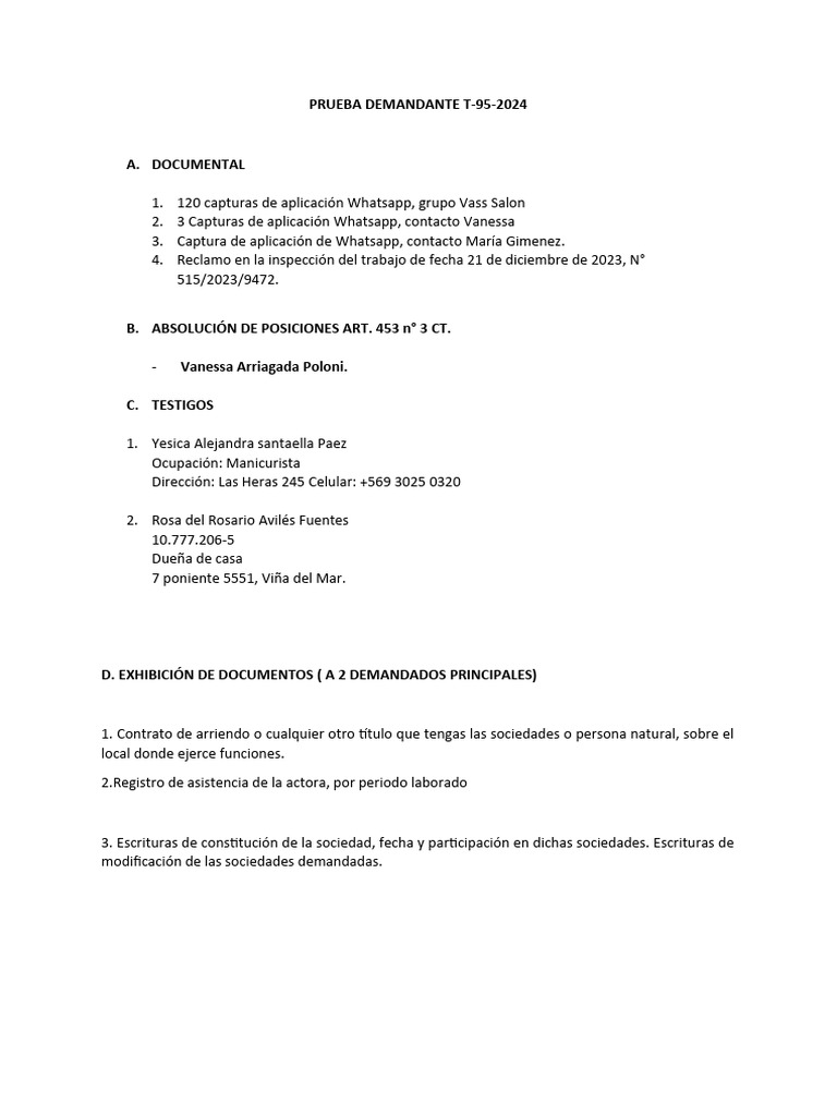 Prueba Documental Demandante T-95-2024 | PDF