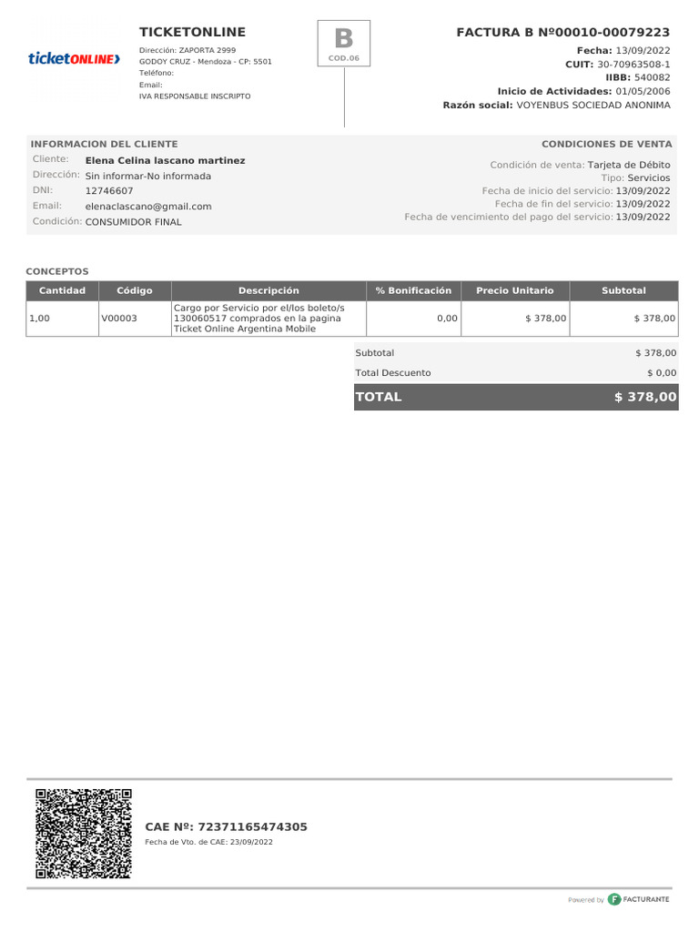 Factura B por Servicio de Boleto Online | PDF | Tecnología bancaria | Pagos