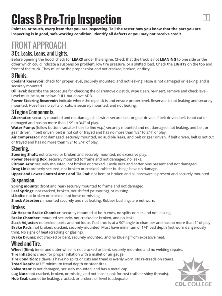 Class B Truck Pre-Trip Inspection Guide | PDF | Tire | Truck