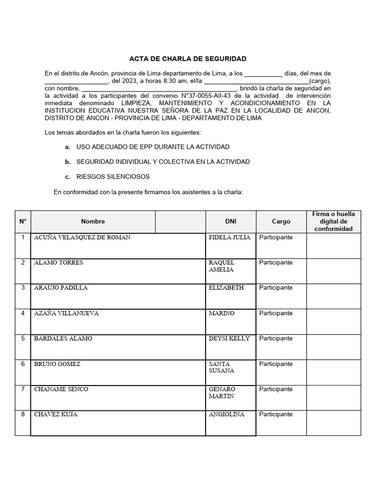 Acta de Charla de Seguridad Lurawi Peru | PDF