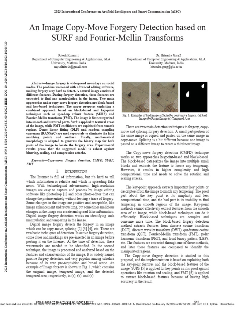 An Image Copy-Move Forgery Detection Based On SURF and Fourier-Mellin Transforms | PDF ...