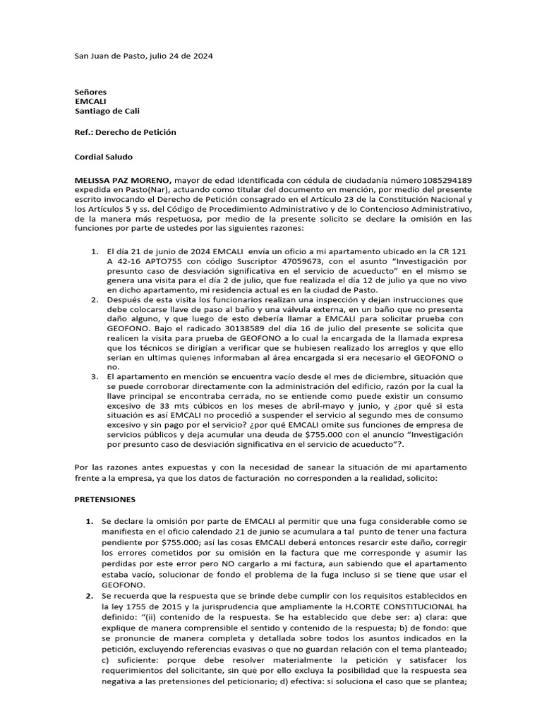 Derecho de Peticion Emcali | PDF