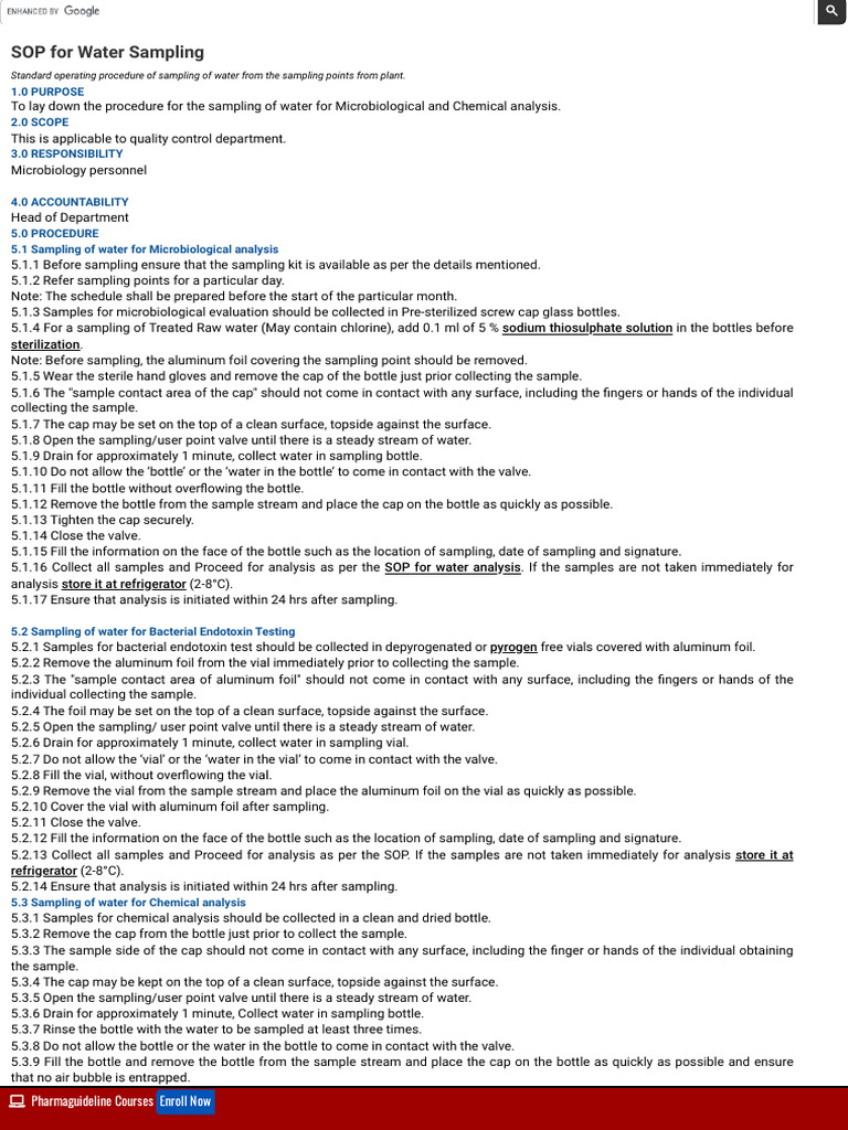 SOP For Water Sampling: 1.0 Purpose 2.0 SCOPE 3.0 Responsibility | PDF ...