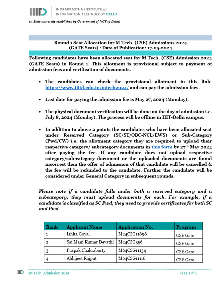 Round 1 Seat Allocation For M.tech. CSE 2024 | PDF