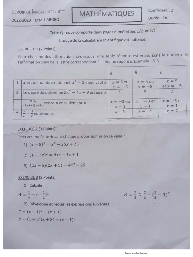 Devoir de Maths NÂ°1 Classe 3ieme Lym1 Abobo | PDF