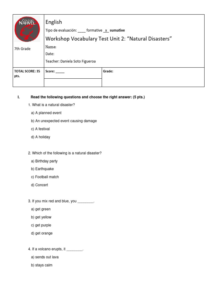Natural Disasters: 7th Grade Test | PDF | Natural Disasters | Tornadoes