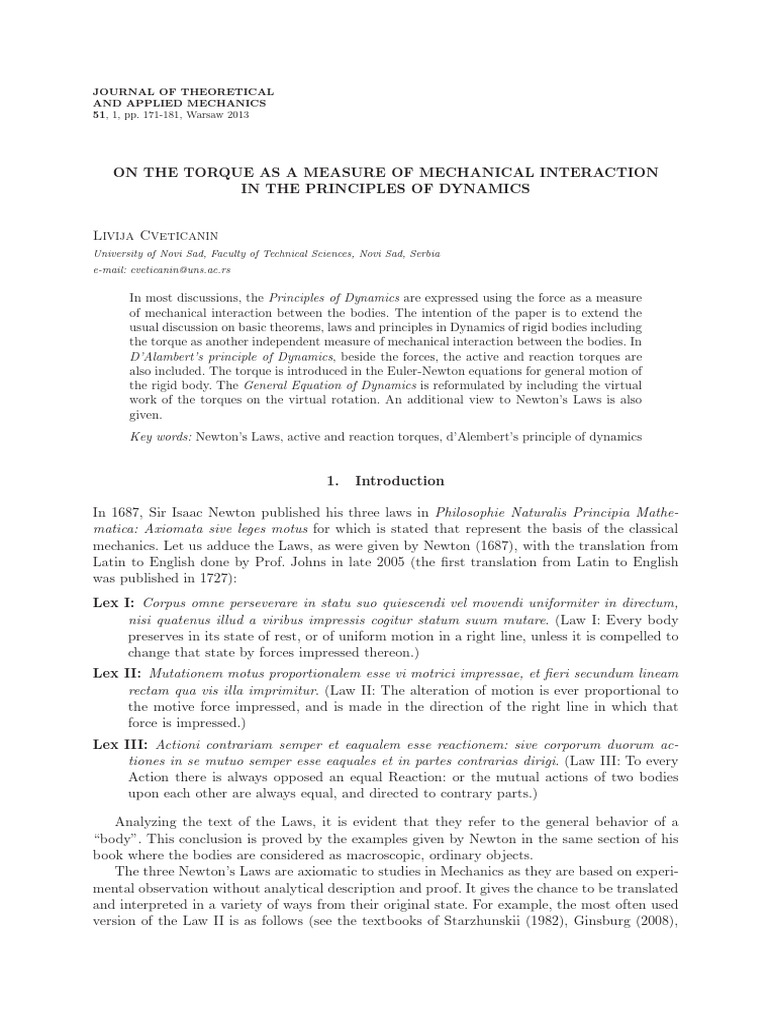 Cveticanin | PDF | Rotation Around A Fixed Axis | Force