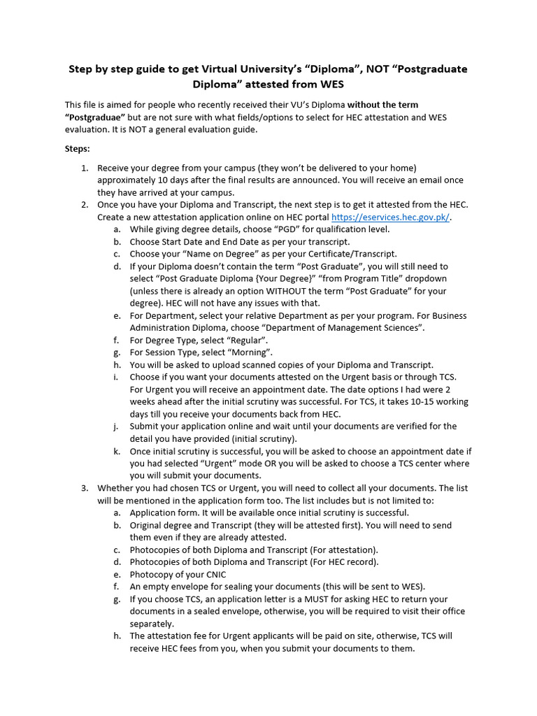 Step by Step Guide To Get VU Diploma Evaluated From WES | PDF | Diploma