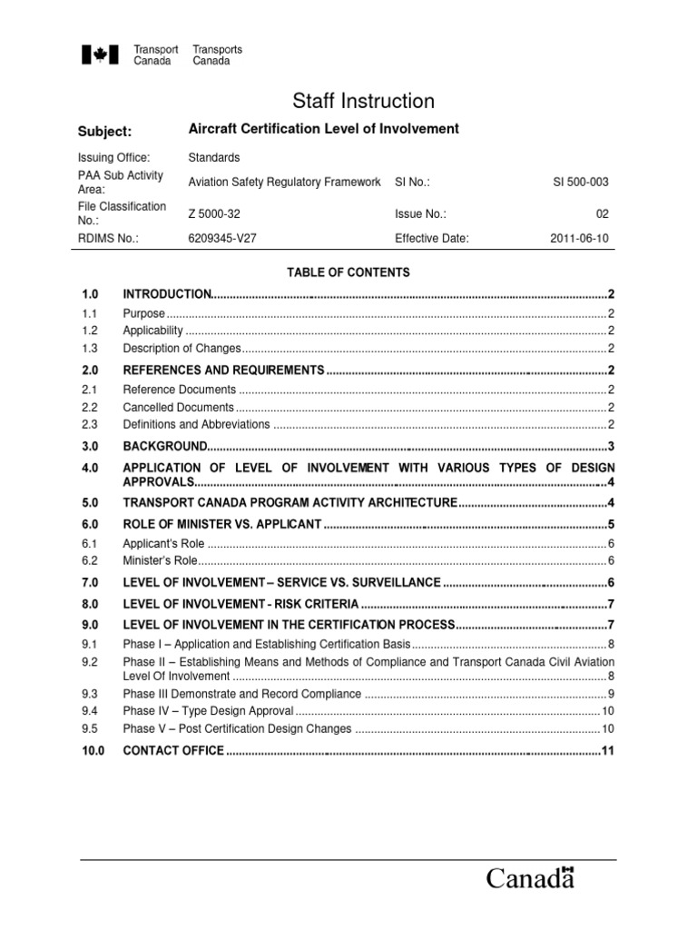 TCCA SI 500-003 - Aircraft Certification Level of Involvement | PDF ...