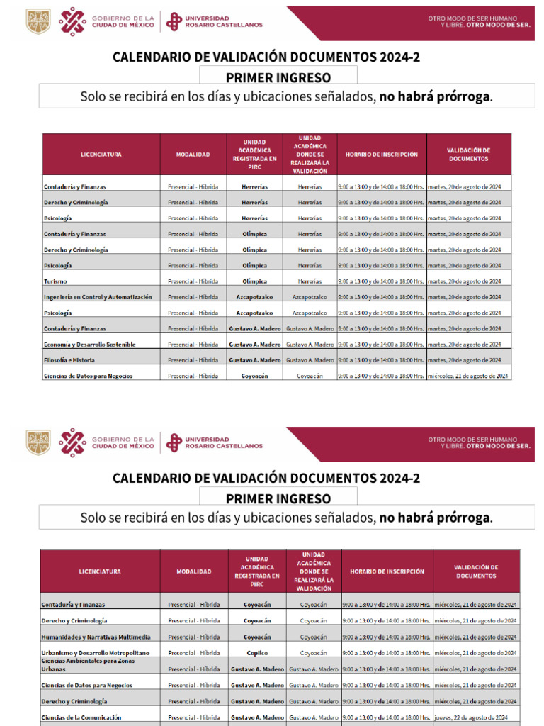 Calendario Validacion Documentos 2024 2 | PDF