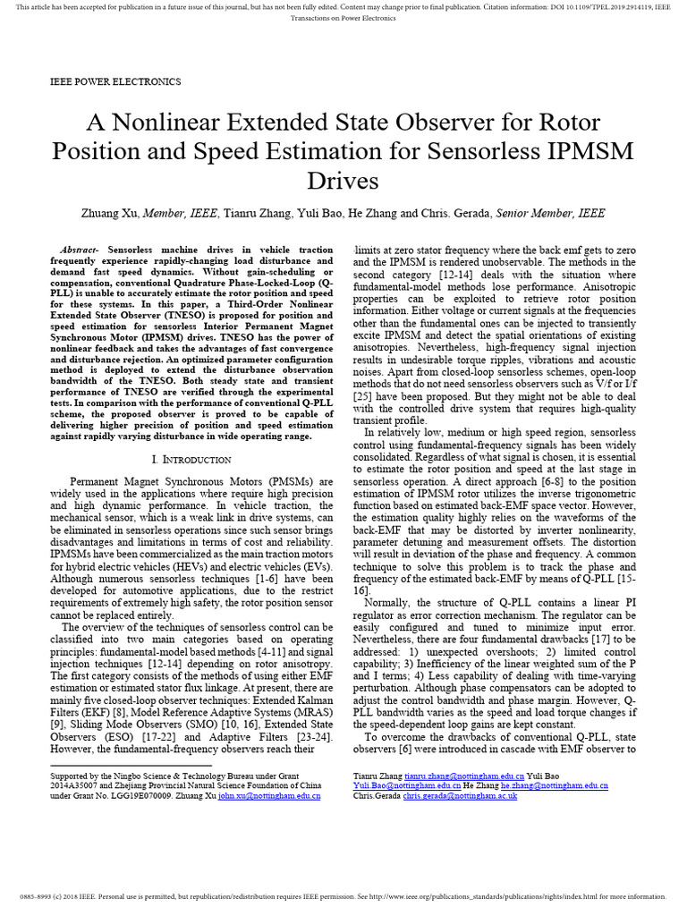 A Nonlinear Extended State Observer For Rotor Position and Speed Estimation For Sensorless IPMSM ...