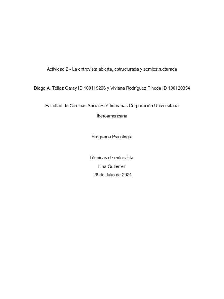Actividad 2 - La Entrevista Abierta, Estructurada y Semiestructurada | PDF | Sicología ...