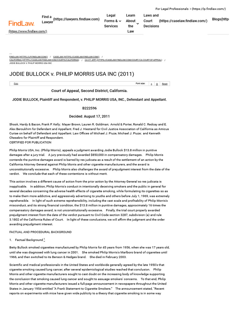 Jodie Bullock v. Philip Morris Usa Inc (2011) - Findlaw | PDF | Punitive Damages | Damages