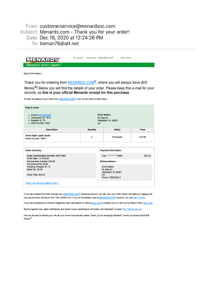 Menards Order Confirmation Details | PDF | Receipt | Service Industries