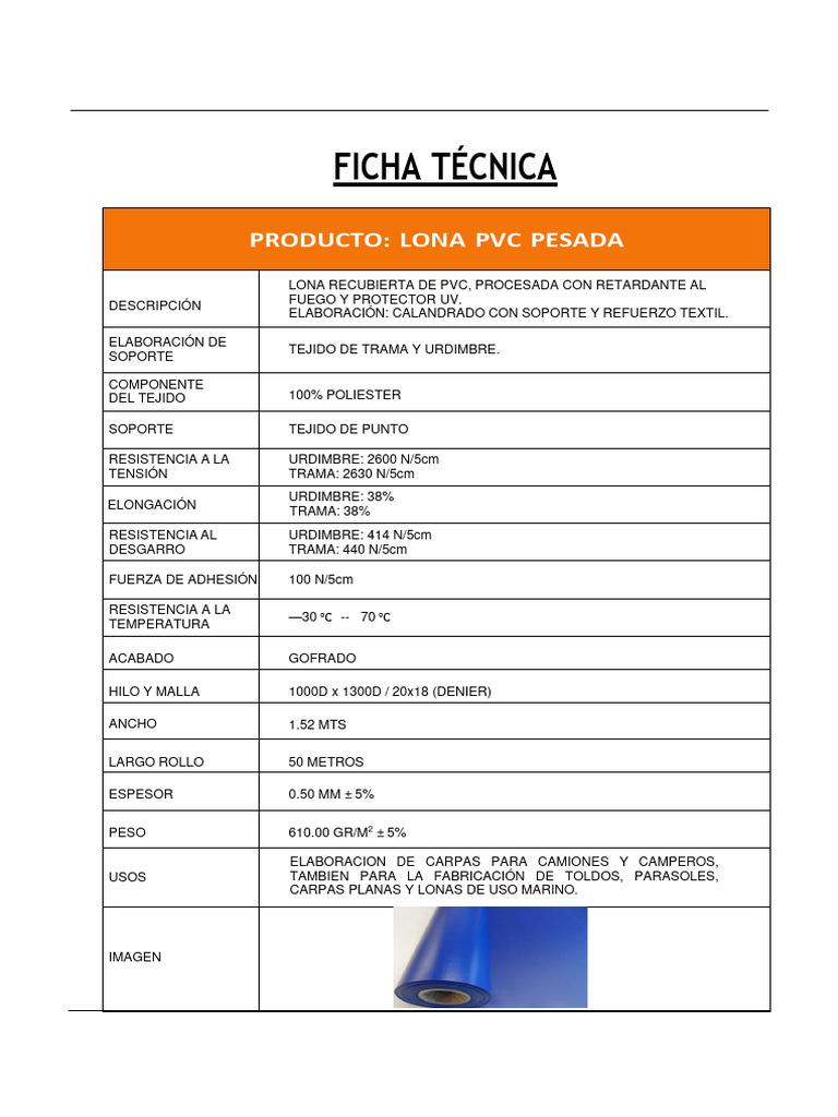 Ficha Tecnica Lona PVC Pesada Oficial | PDF