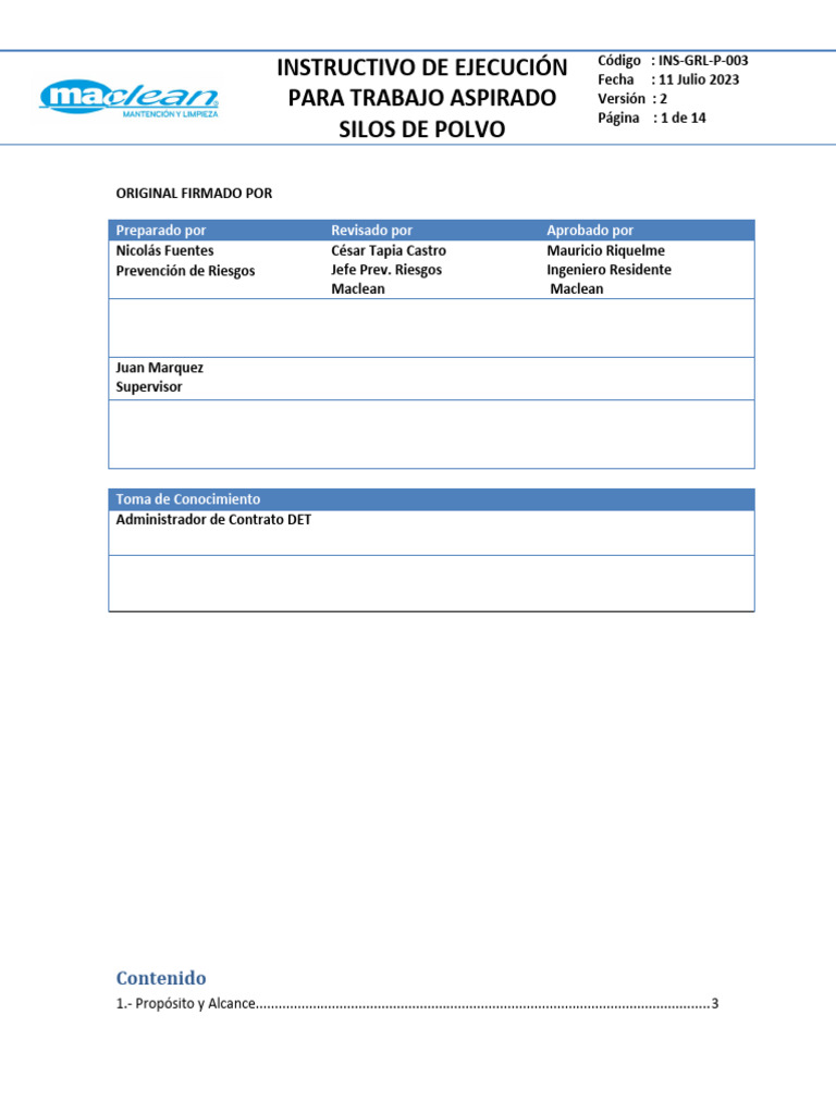 Ins-Grl-P-003 - Instructivo de Ejecución para Trabajo Aspirado Silos de Polvo | PDF | Riesgo ...