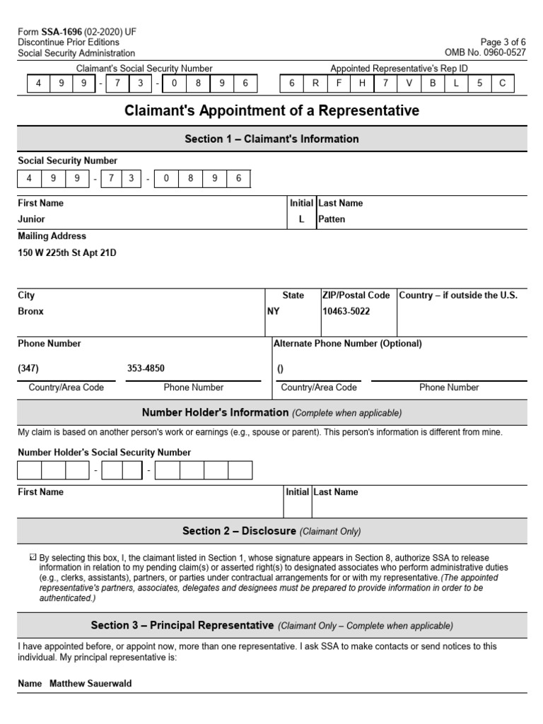 SSA-1696 Appointment of Representative Form | PDF | Supplemental ...