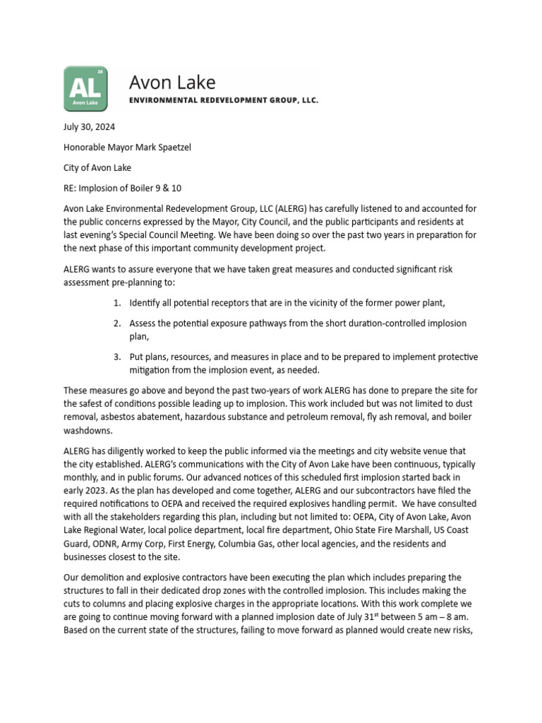 ALERG Letter To Mayor of Avon Lake Regarding Boiler 9 & 10 | PDF ...