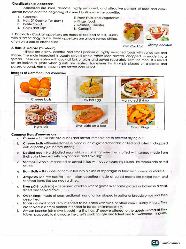 Classifications of Appetizers Practice Questionnaire | PDF
