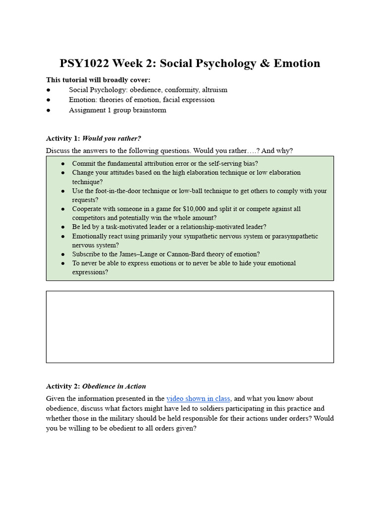 PSY1022 Week 2 Student Tutorial Manual | PDF | Social Psychology ...