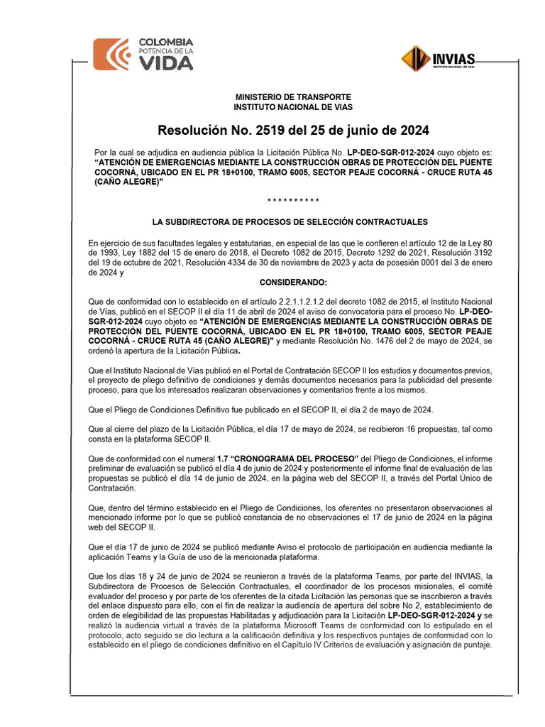Resolucion de Adjudicacion LP-012-2024 | PDF