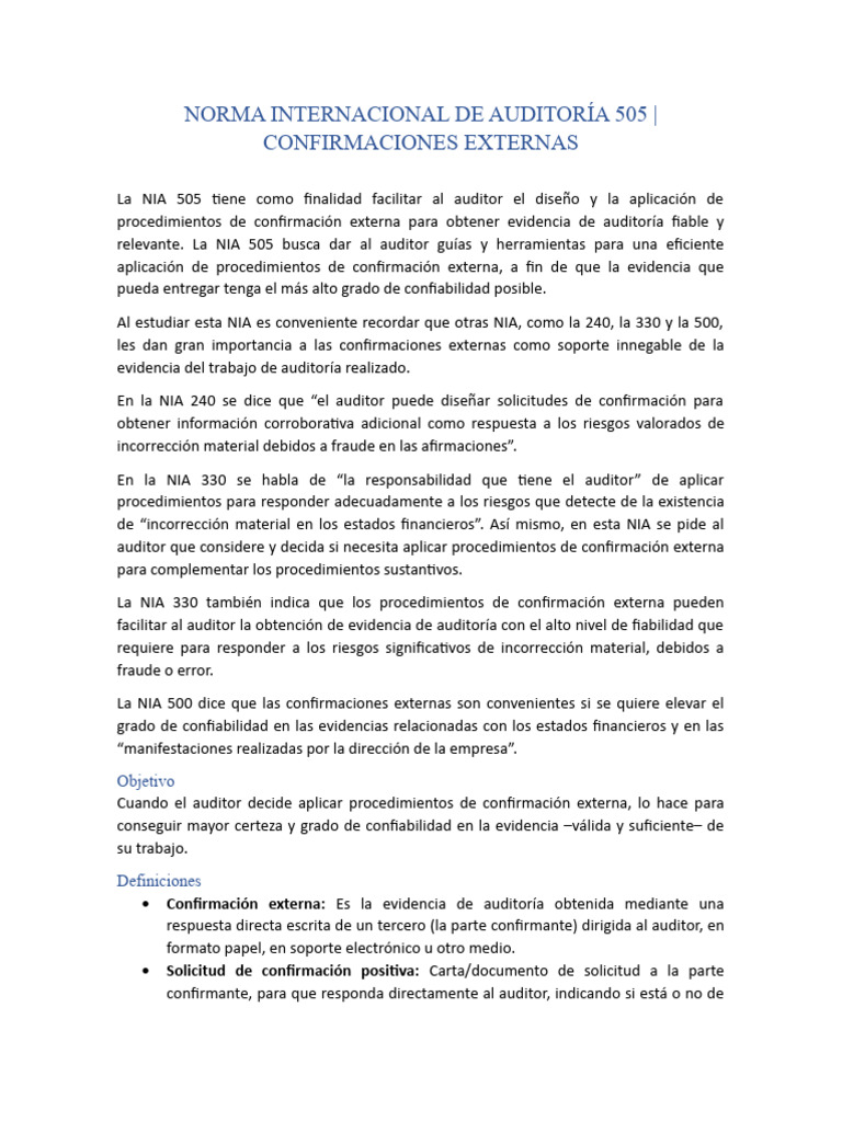 Norma Internacional de Auditoría 505 | PDF | Auditoría | Contralor