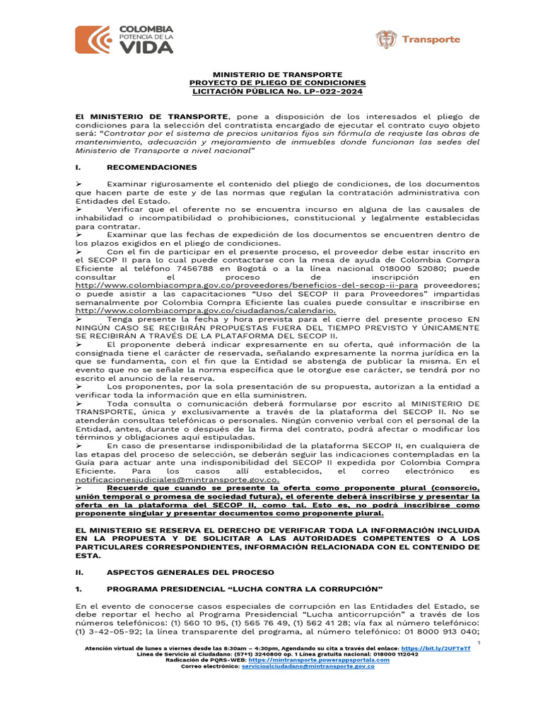 Proyecto de Pliego de Condiciones Lp-022-2024 VF 12062024 | PDF | Derecho