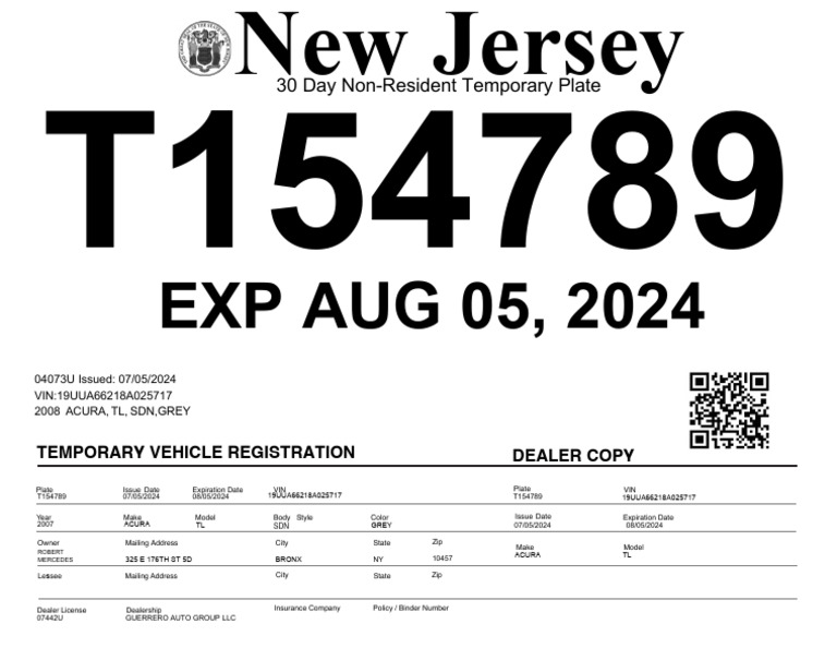Temporary Vehicle Registration Details | PDF