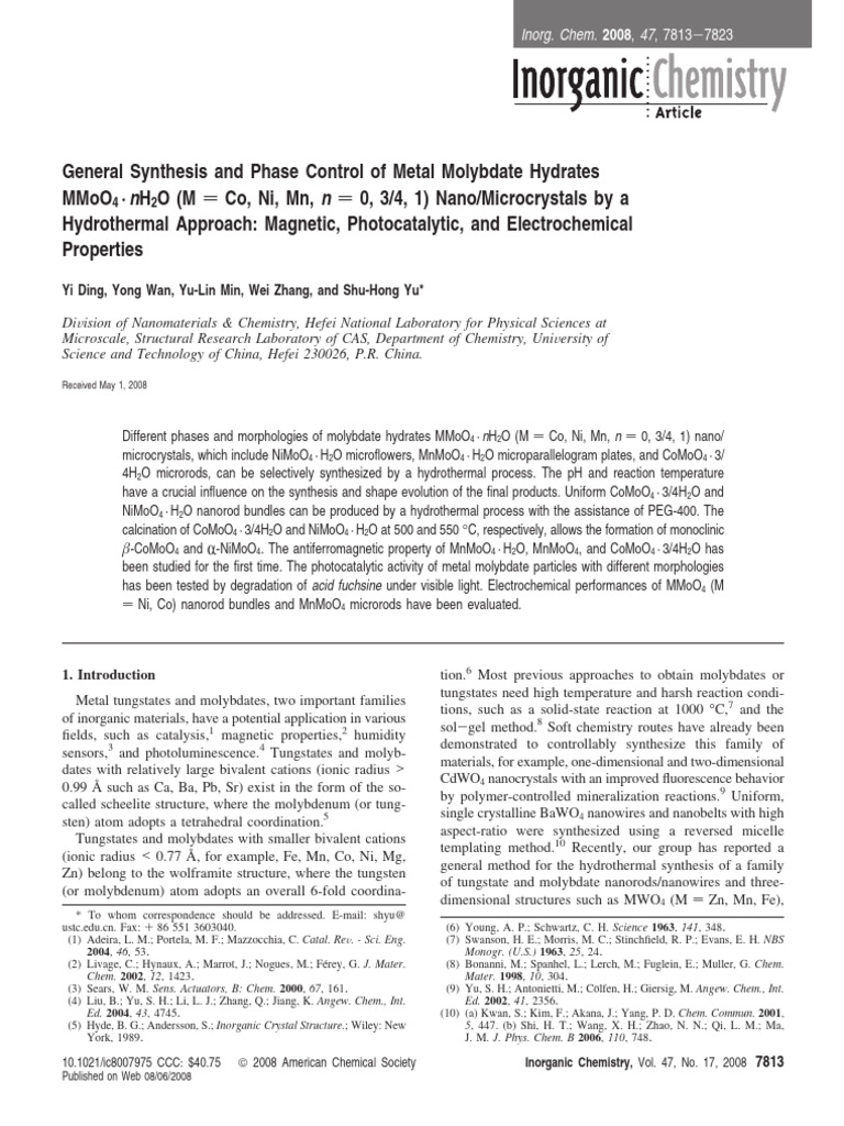 Synthesis of Metal Molybdate Hydrates | PDF | Water | Coordination Complex
