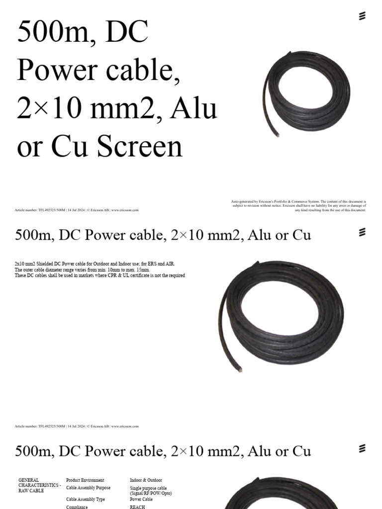 TFL492525 500M 500m DC Power Cable 2 10 mm2 Alu or Cu Screen | PDF ...