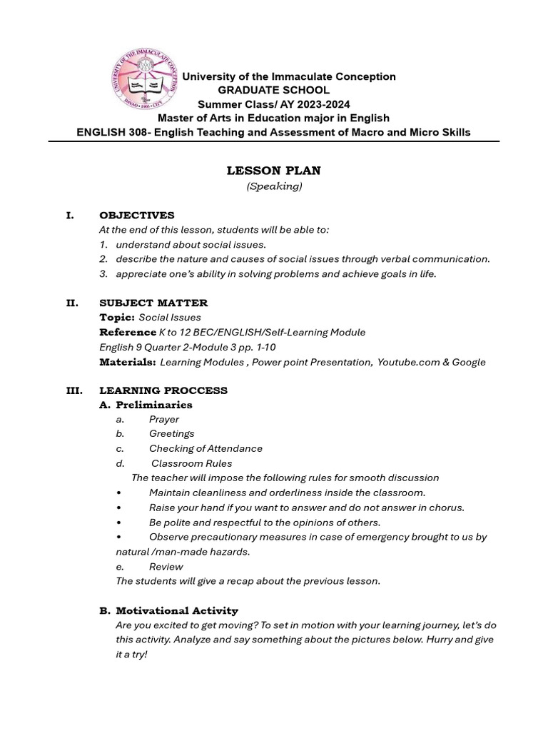 Lesson Plan (Speaking) | PDF | Lesson Plan | Human Communication