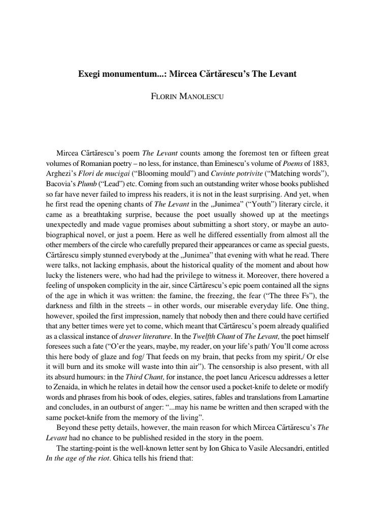 Manolescu Exegi Monumentum... Mircea Caertaerescus | PDF | Poetry