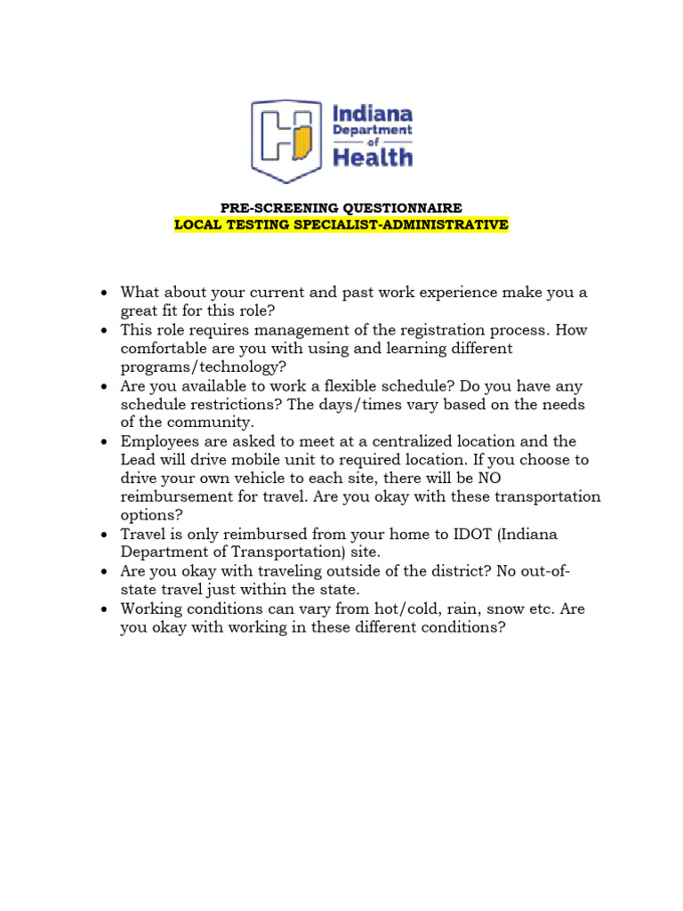 IDOH Prescreen Questions Admin | PDF