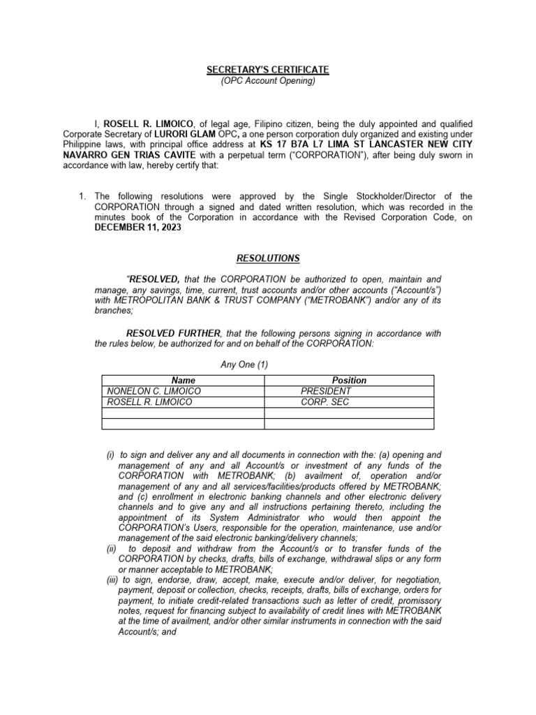 Sec Cert Opc Luroro Glam | PDF | Cheque | Negotiable Instrument