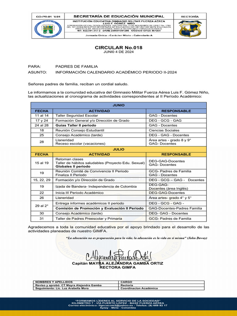 Circular 018-Cronograma Ii Período | PDF