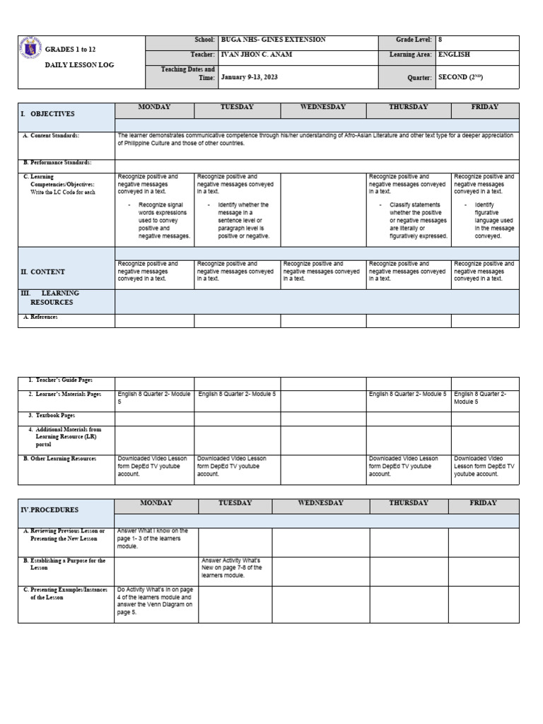 DLL-ENG8 2nd Quarter Week 7 | PDF | Learning | Teachers