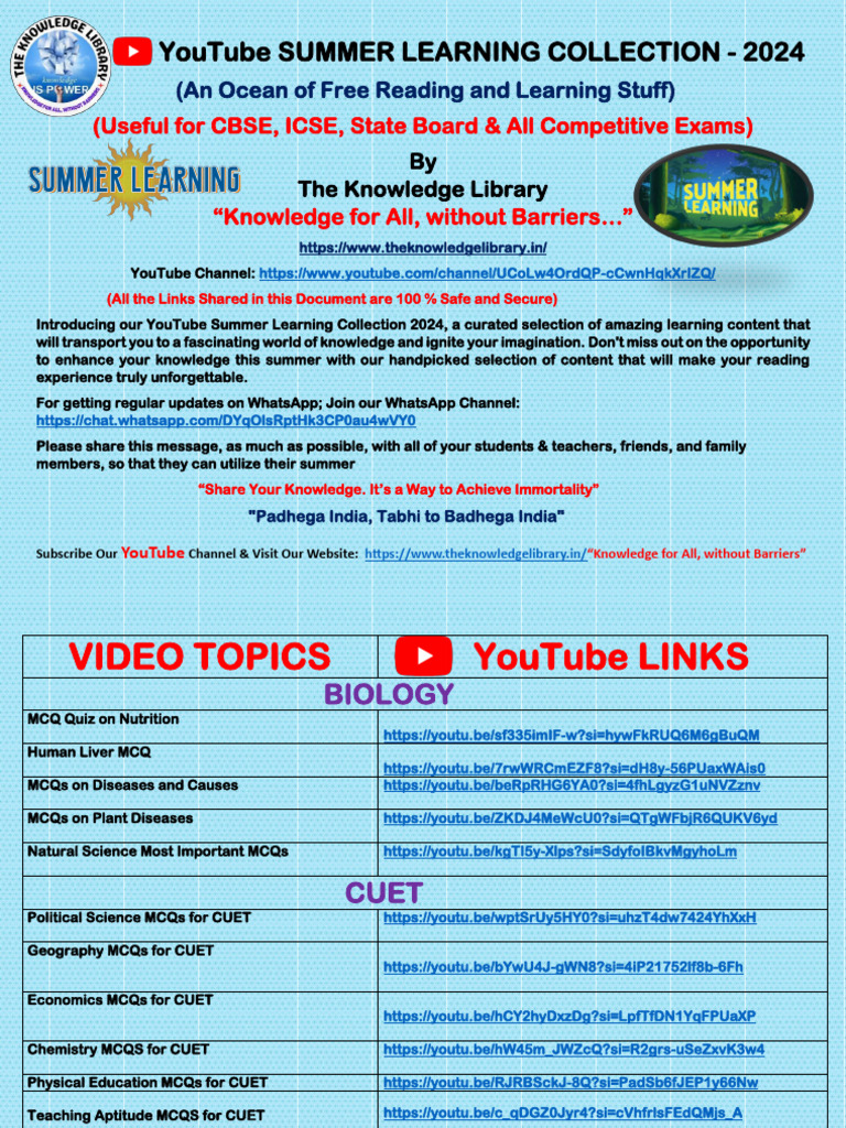 The Knowledge Library Summer Reading - 2024 Tou Tube Links | PDF ...