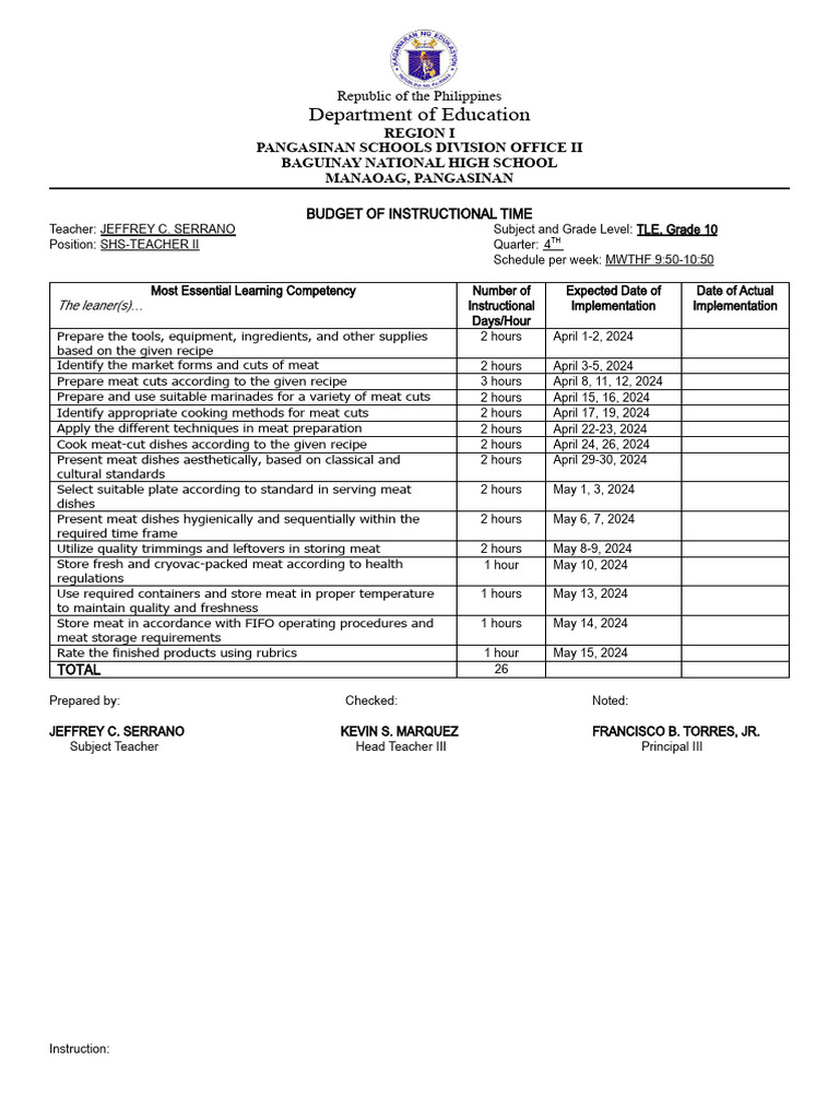 Grade 10 TLE Instructional Time Budget | PDF | Meat | Recipe